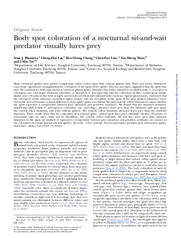 (PDF) Body spot coloration of a nocturnal sit-and-wait predator ...