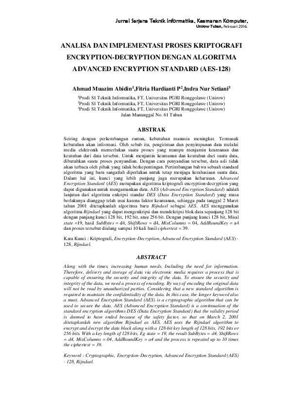 Pdf Analisa Dan Implementasi Proses Kriptografi Encryption Decryption Dengan Algoritma Aes 128