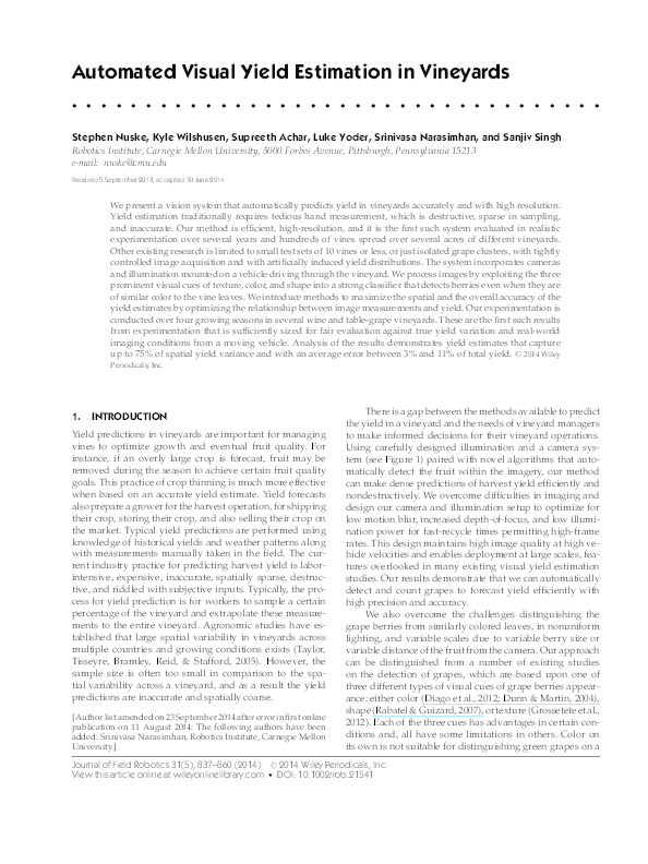 (PDF) Automated Visual Yield Estimation in Vineyards