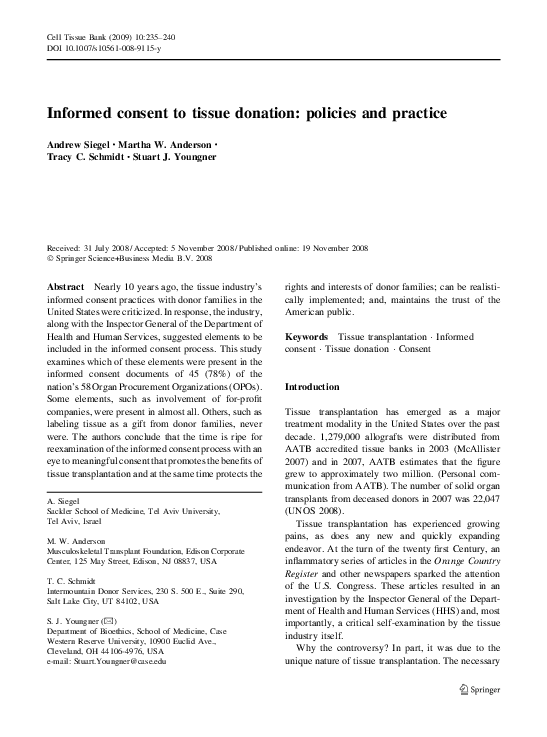 (PDF) Informed consent to tissue donation: policies and practice