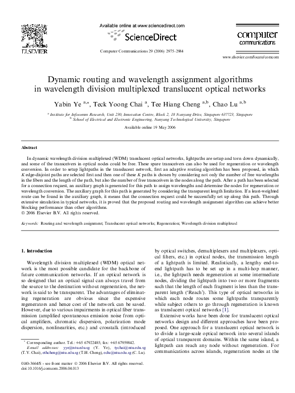 Pdf Dynamic Routing And Wavelength Assignment Algorithms In Wavelength Division Multiplexed
