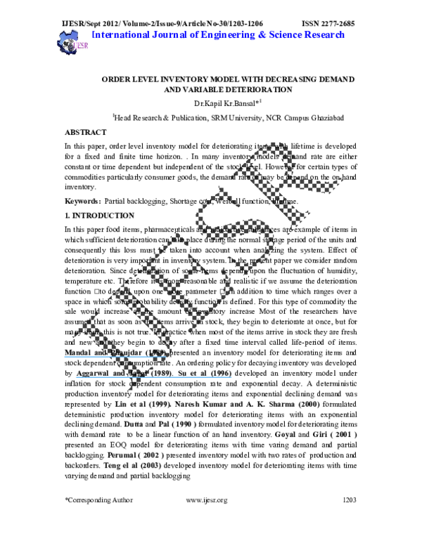 Pdf Order Level Inventory Model With Decreasing Demand And Variable Deterioration