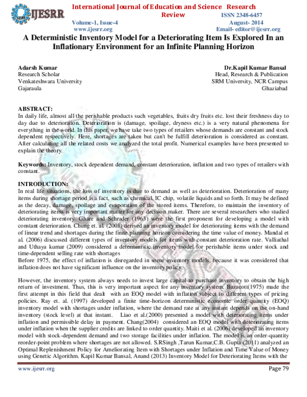 Pdf A Deterministic Inventory Model For A Deteriorating Item Is Explored In An Inflationary