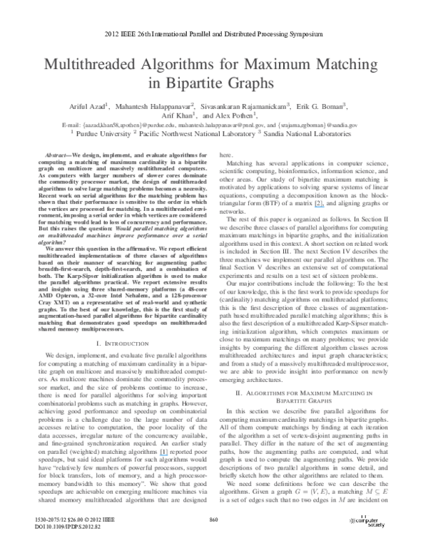 (PDF) Multithreaded Algorithms for Maxmum Matching in Bipartite Graphs