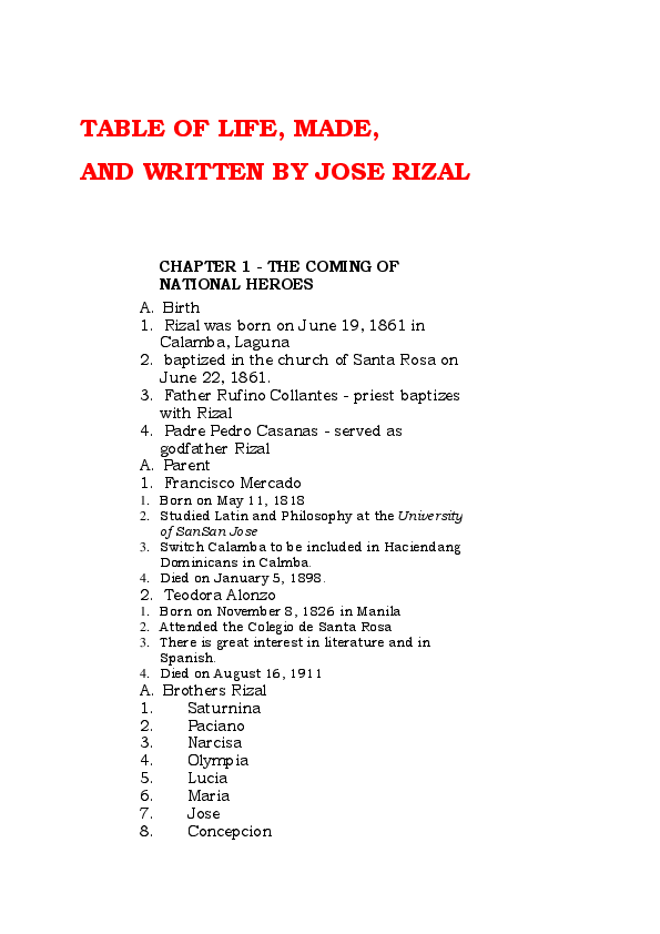 (PDF) TABLE OF LIFE, MADE, AND WRITTEN BY JOSE RIZAL CHAPTER 1 -THE ...