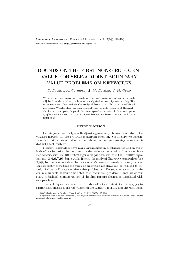 Pdf Bounds On The First Nonzero Eigenvalue For Self Adjoint Boundary Value Problems On Networks