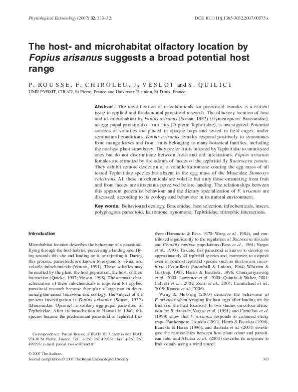 (PDF) The host- and microhabitat olfactory location by Fopius arisanus ...