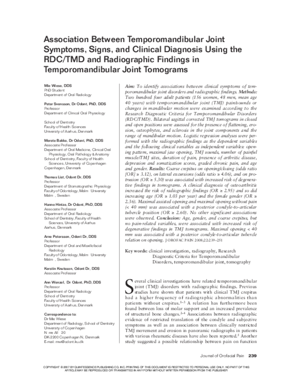 (PDF) Association between temporomandibular joint symptoms, signs, and ...