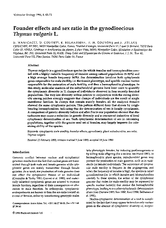 (PDF) Founder effects and sex ratio in the gynodioecious Thymus vulgaris L