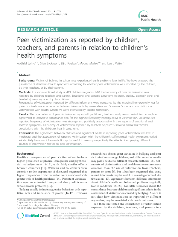 (PDF) Peer victimization as reported by children, teachers, and parents ...
