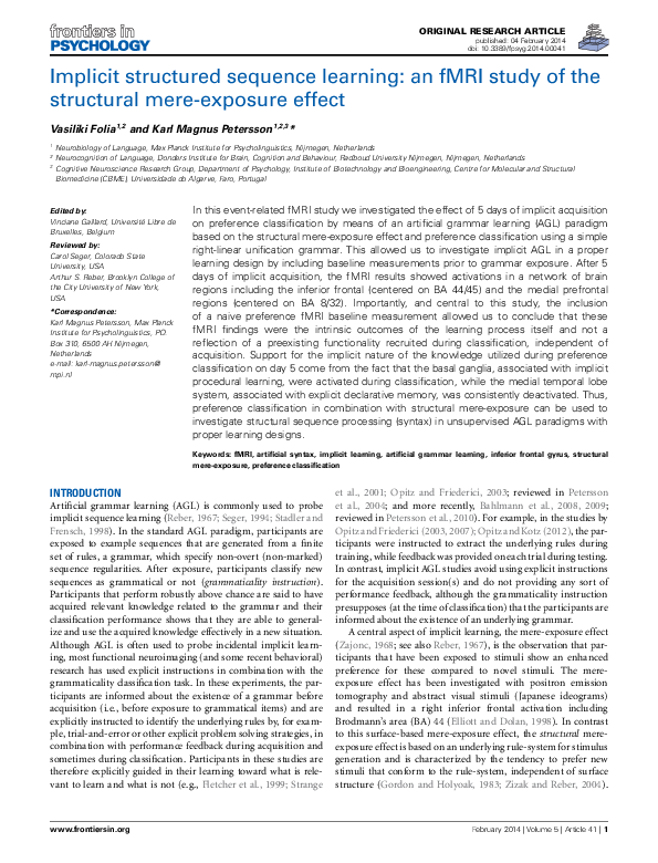 (PDF) Implicit structured sequence learning: an fMRI study of the structural mere-exposure effect