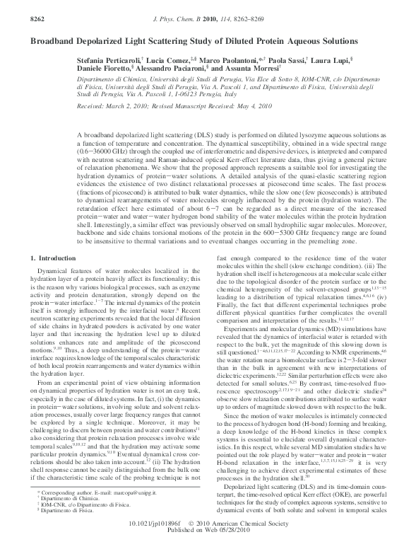 (PDF) Broadband Depolarized Light Scattering Study of Diluted Protein Aqueous Solutions