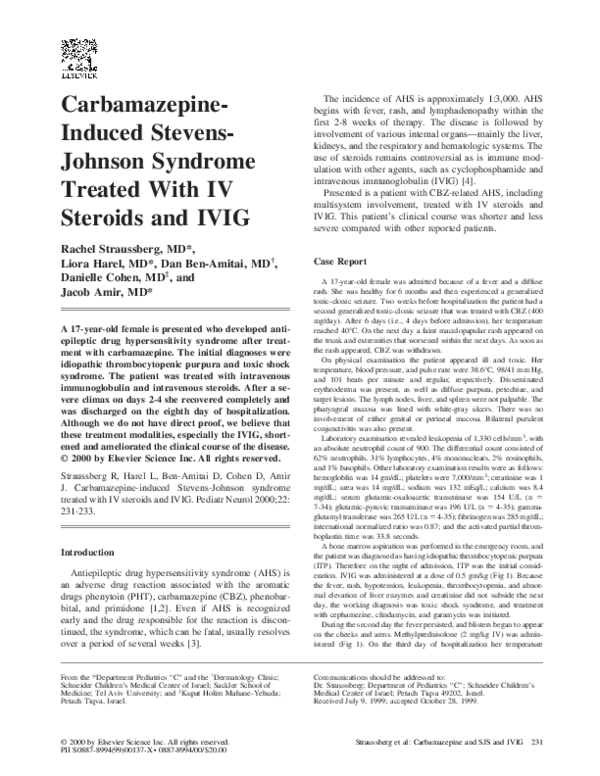 (PDF) Carbamazepine-induced Stevens-Johnson Syndrome treated with IV steroids and IVIG