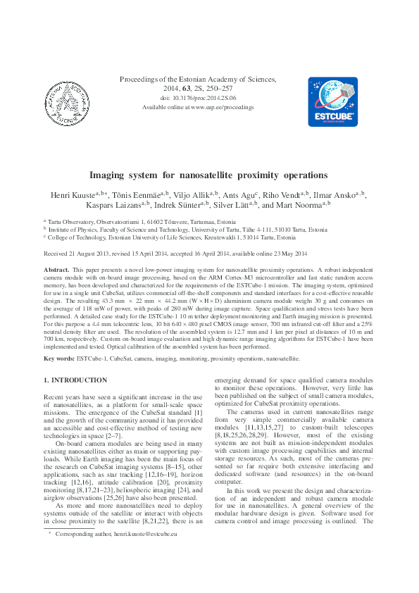 (PDF) Imaging system for nanosatellite proximity operations