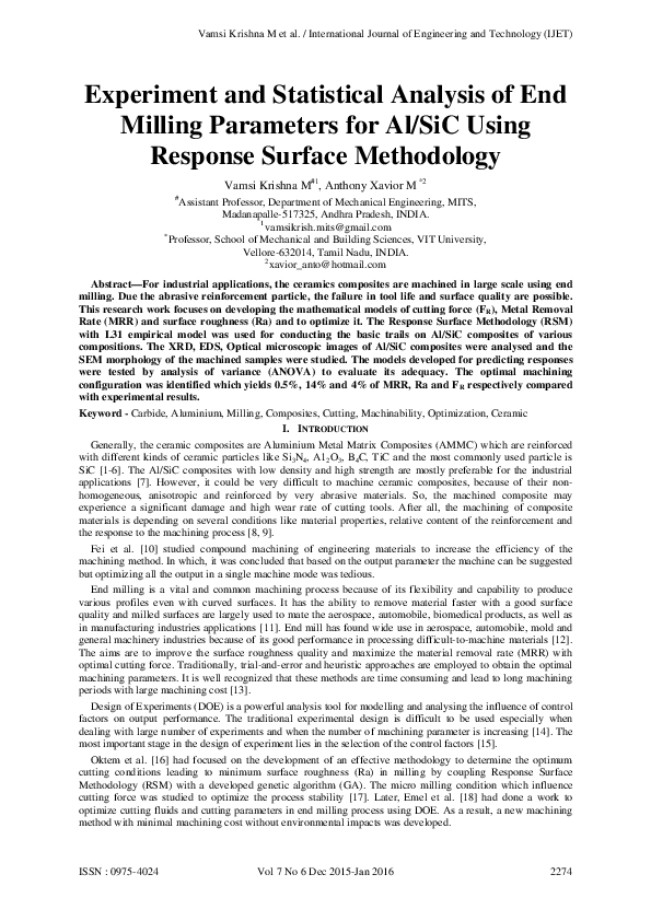 Pdf Experiment And Statistical Analysis Of End Milling Parameters For Alsic Using Response