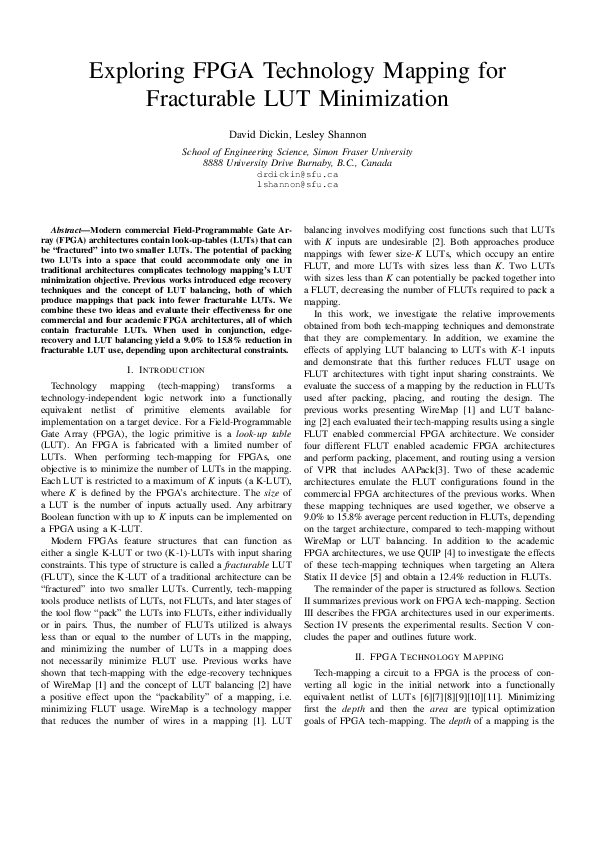 Pdf Exploring Fpga Technology Mapping For Fracturable Lut Minimization