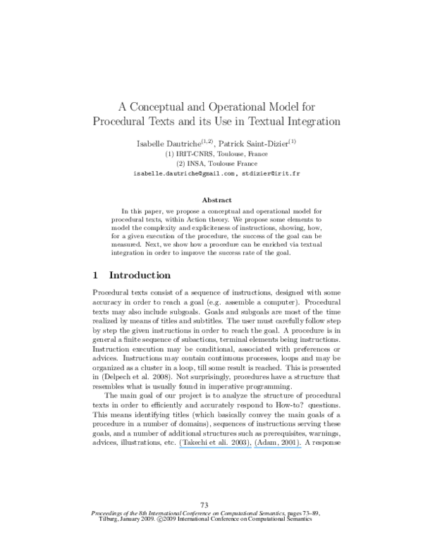 Pdf A Conceptual And Operational Model For Procedural Texts And Its Use In Textual Integration