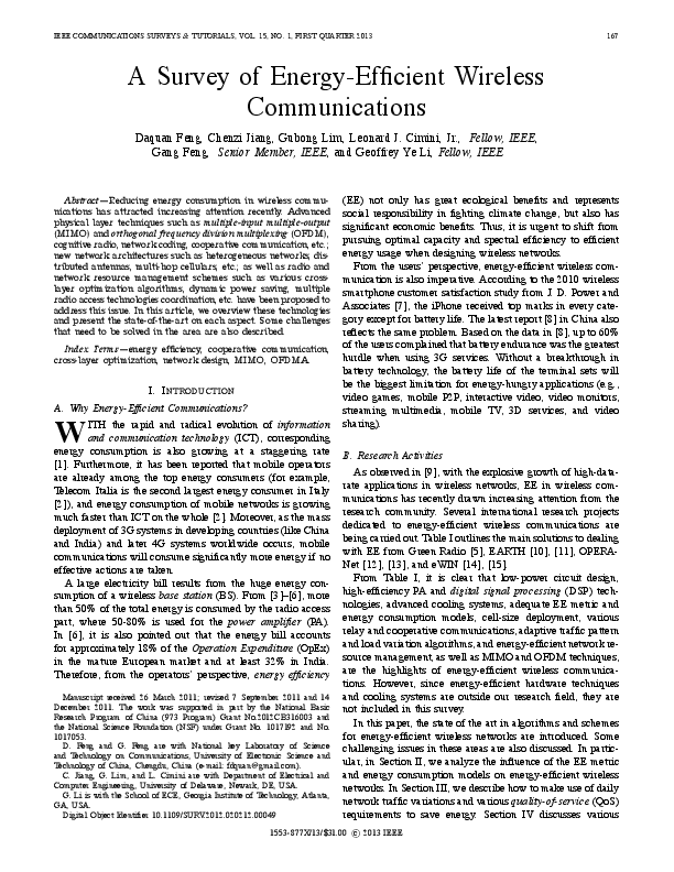 Pdf A Survey Of Energy Efficient Wireless Communications