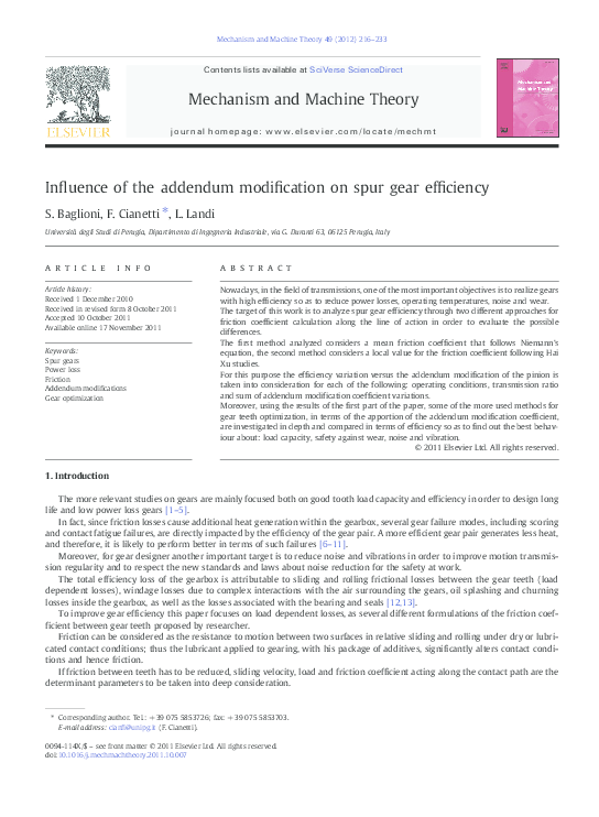 (PDF) Influence of the addendum modification on spur gear efficiency