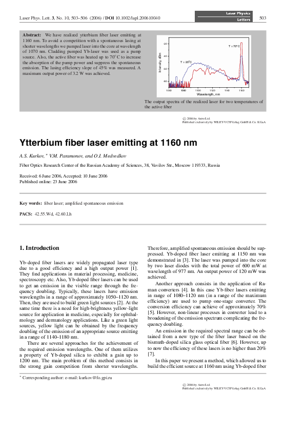 (PDF) Ytterbium fiber laser emitting at 1160 nm