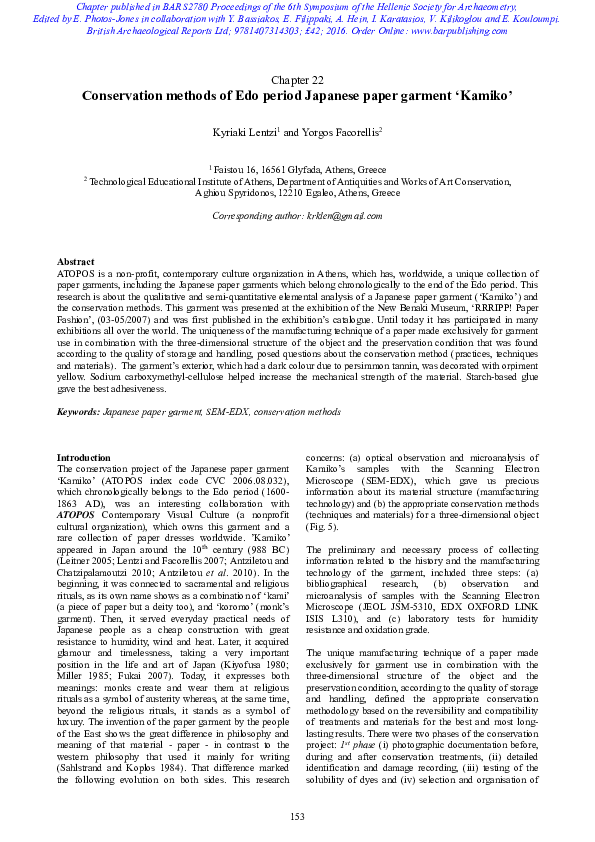 (PDF) Conservation methods of Edo period Japanese paper garment 'Kamiko'