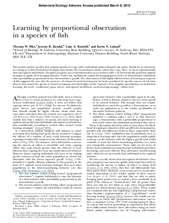 (PDF) Learning by proportional observation in a species of fish
