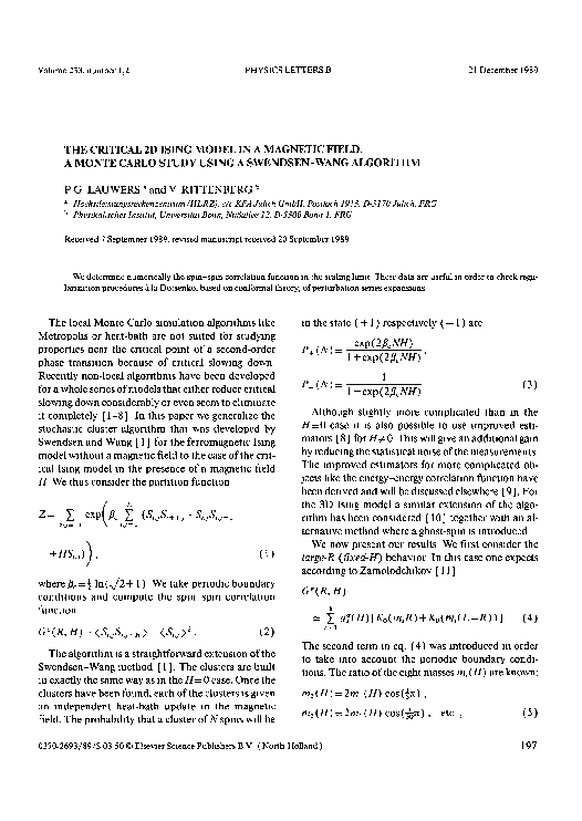 Pdf The Critical 2d Ising Model In A Magnetic Field A Monte Carlo