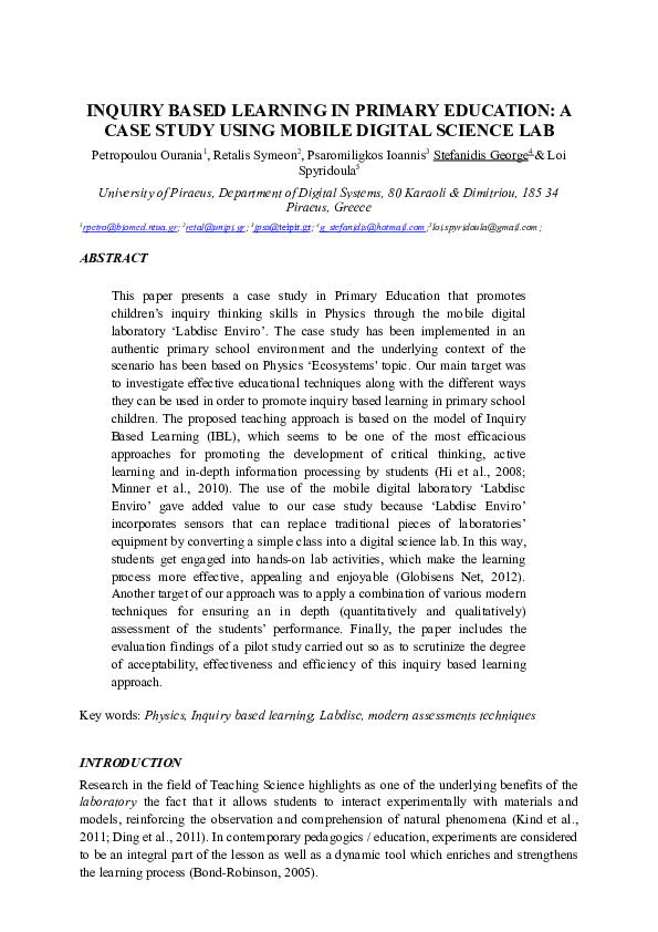 (DOC) Inquiry Based Learning in Primary Education: A Case Study Using ...