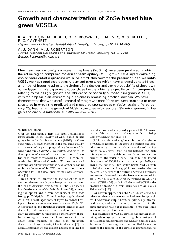 (PDF) Growth and characterization of ZnSe based blue green VCSELs