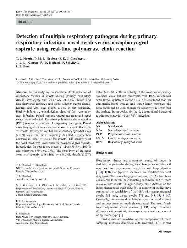 (PDF) Detection of multiple respiratory pathogens during primary respiratory infection: nasal ...