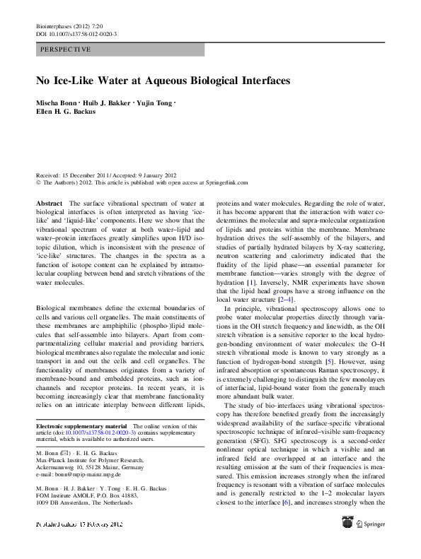 (PDF) No Ice-Like Water at Aqueous Biological Interfaces