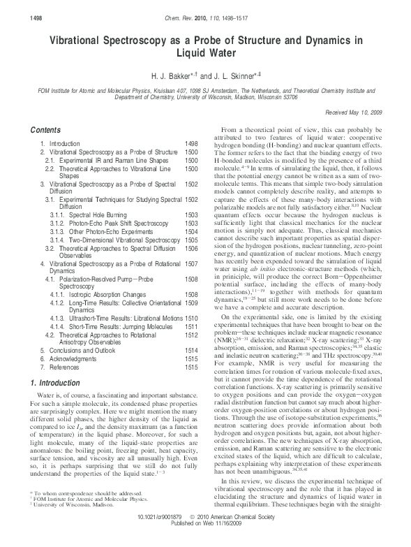 (PDF) Vibrational Spectroscopy as a Probe of Structure and Dynamics in ...