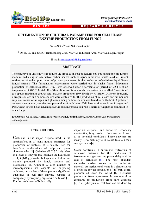 (PDF) OPTIMIZATION OF CULTURAL PARAMETERS FOR CELLULASE ENZYME PRODUCTION FROM FUNGI