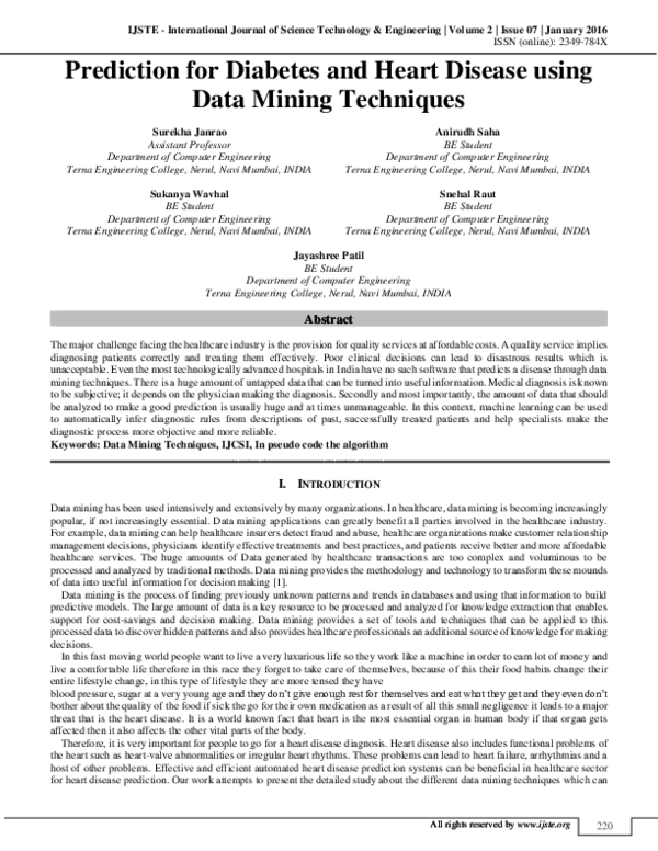 (PDF) Prediction for Diabetes and Heart Disease using Data Mining ...