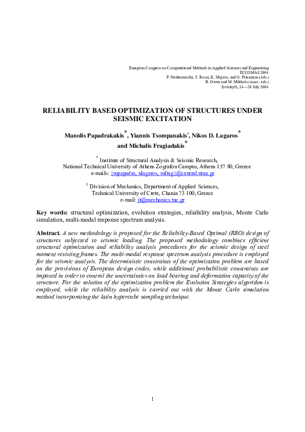 (PDF) Reliability Based Optimization of Structures Under Seismic Excitation