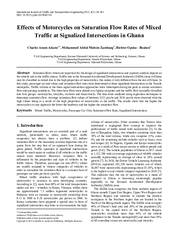 Pdf Effects Of Motorcycles On Saturation Flow Rates Of Mixed Traffic At Signalized