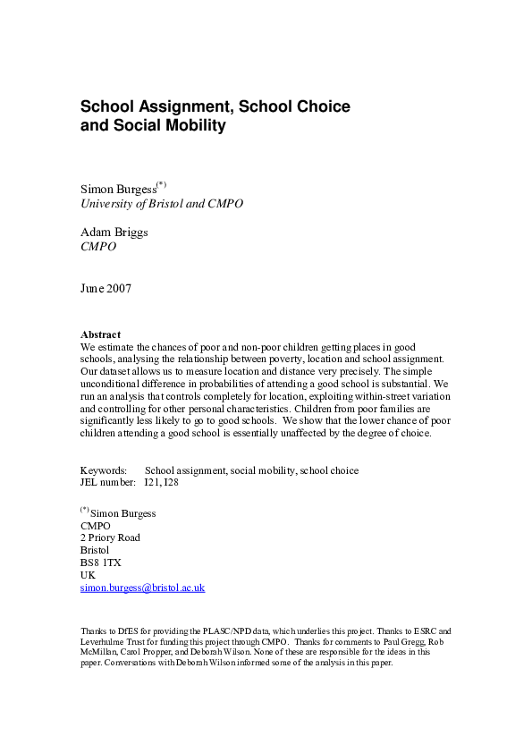 (PDF) School assignment, school choice and social mobility