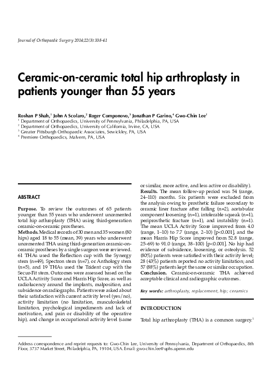 (PDF) Ceramic-on-ceramic total hip arthroplasty in patients younger ...