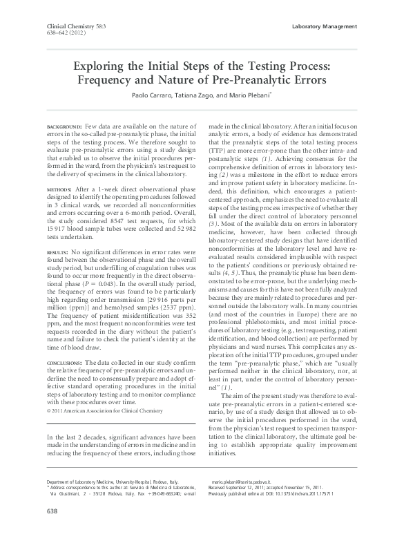 Pdf Pre Preanalytic Errors In Testing Processes