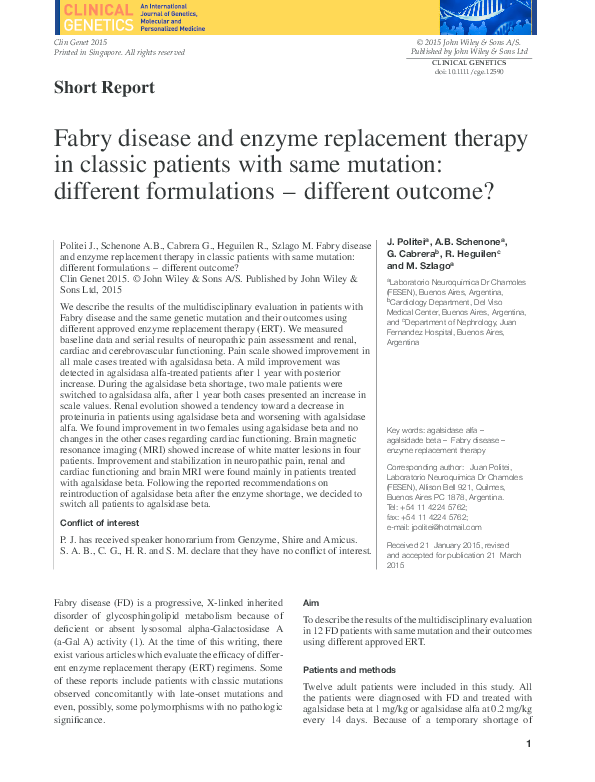 (PDF) Fabry disease and enzyme replacement therapy in classic patients ...