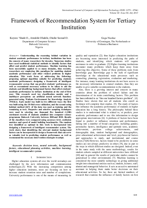 (PDF) Framework of Recommendation System for Tertiary Institution