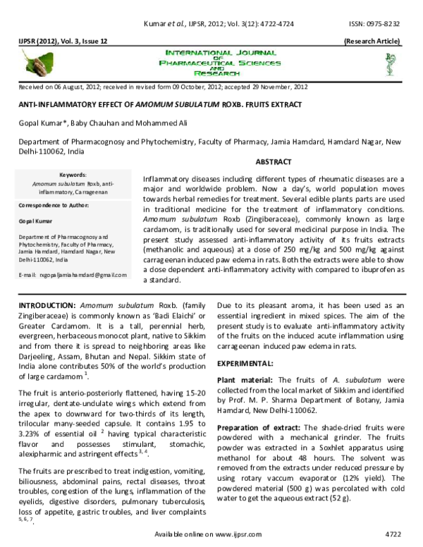 (PDF) Anti-inflammatory effect of Amomum subulatum roxb. fruits extract