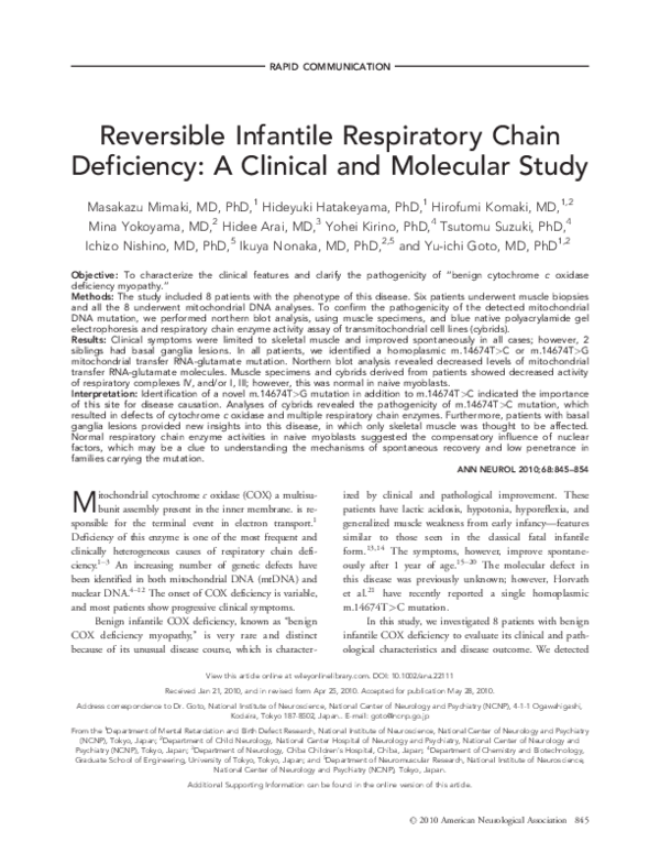 (PDF) Reversible infantile respiratory chain deficiency: A clinical and ...