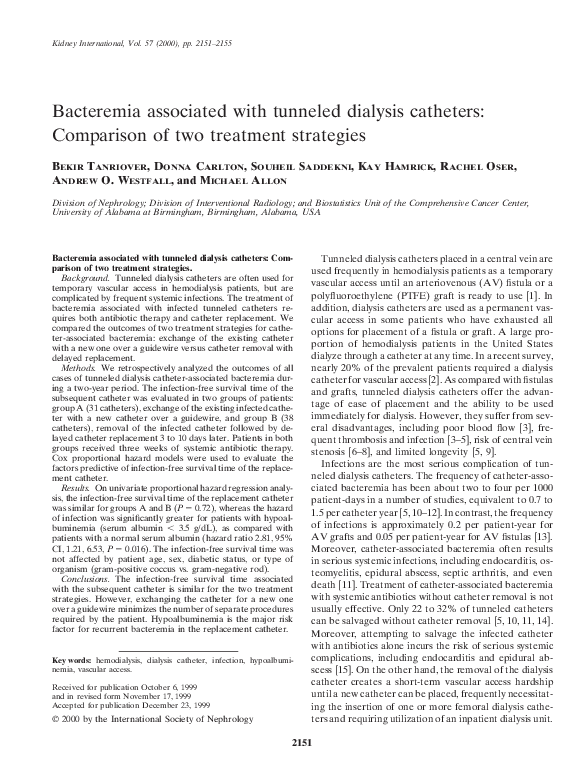 (PDF) Bacteremia associated with tunneled dialysis catheters: Comparison of two treatment strategies