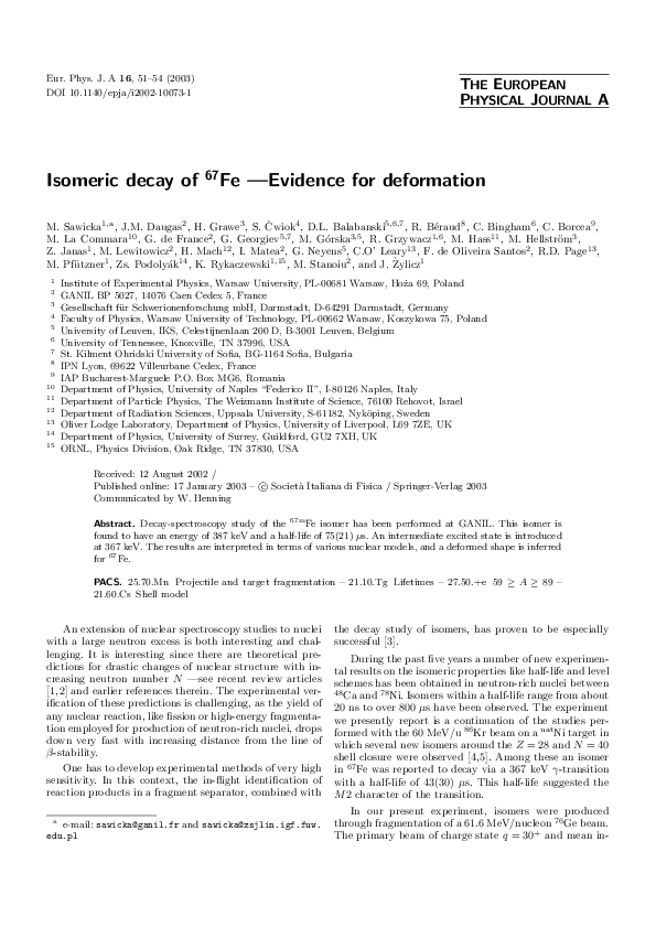 (PDF) Isomeric decay of 67 Fe --Evidence for deformation