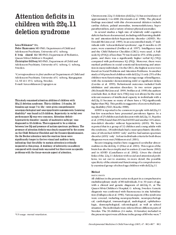 (PDF) Attention deficits in children with 22q.11 deletion syndrome