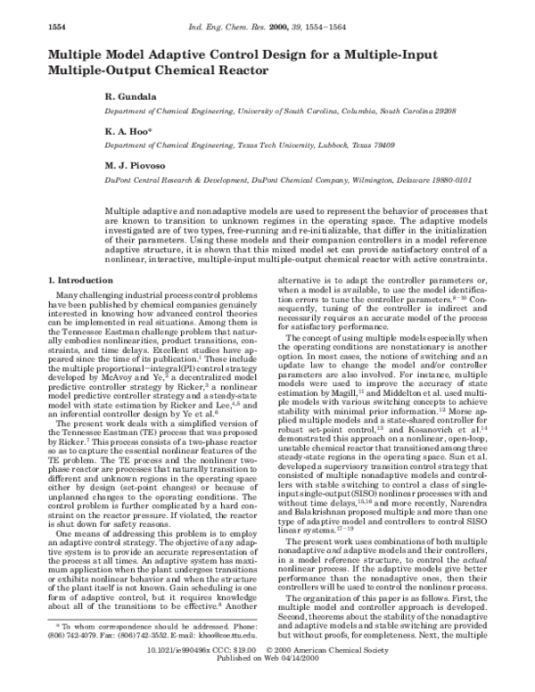 Pdf Multiple Model Adaptive Control Design For A Multiple Input