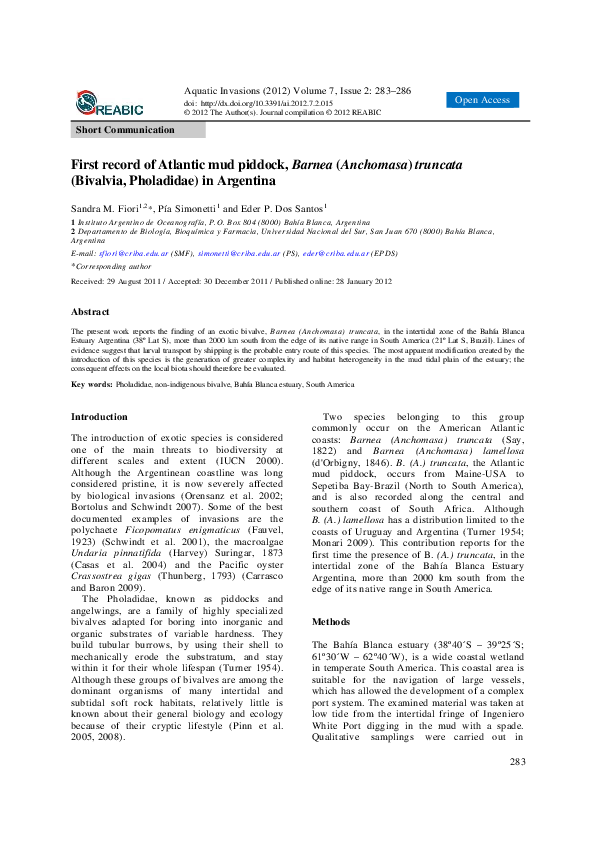 (PDF) First record of Atlantic mud piddock, Barnea (Anchomasa) truncata ...