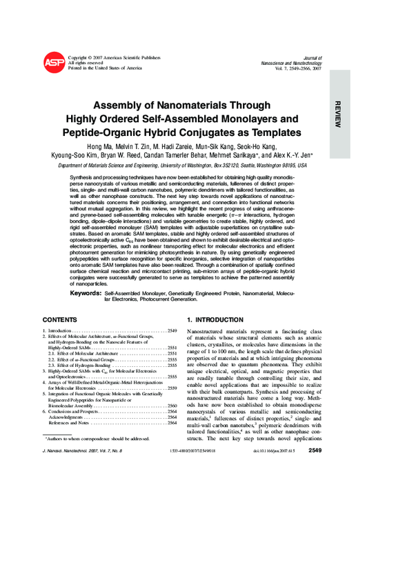 (PDF) Assembly of Nanomaterials Through Highly Ordered Self-Assembled ...