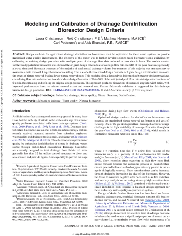 (PDF) Modeling and Calibration of Drainage Denitrification Bioreactor Design Criteria